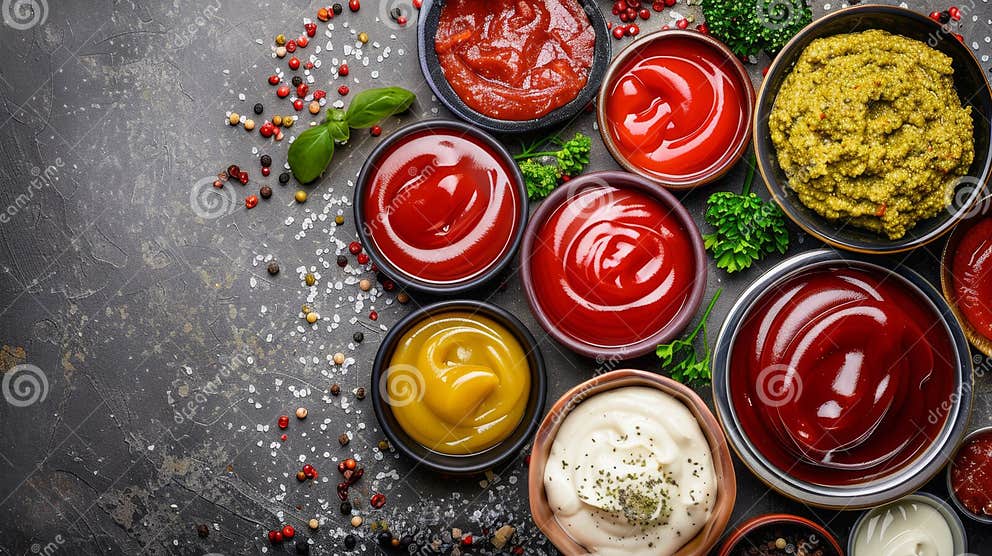 Assorted Condiments and Sauces Spread on Rustic Tabletop Stock Image ...
