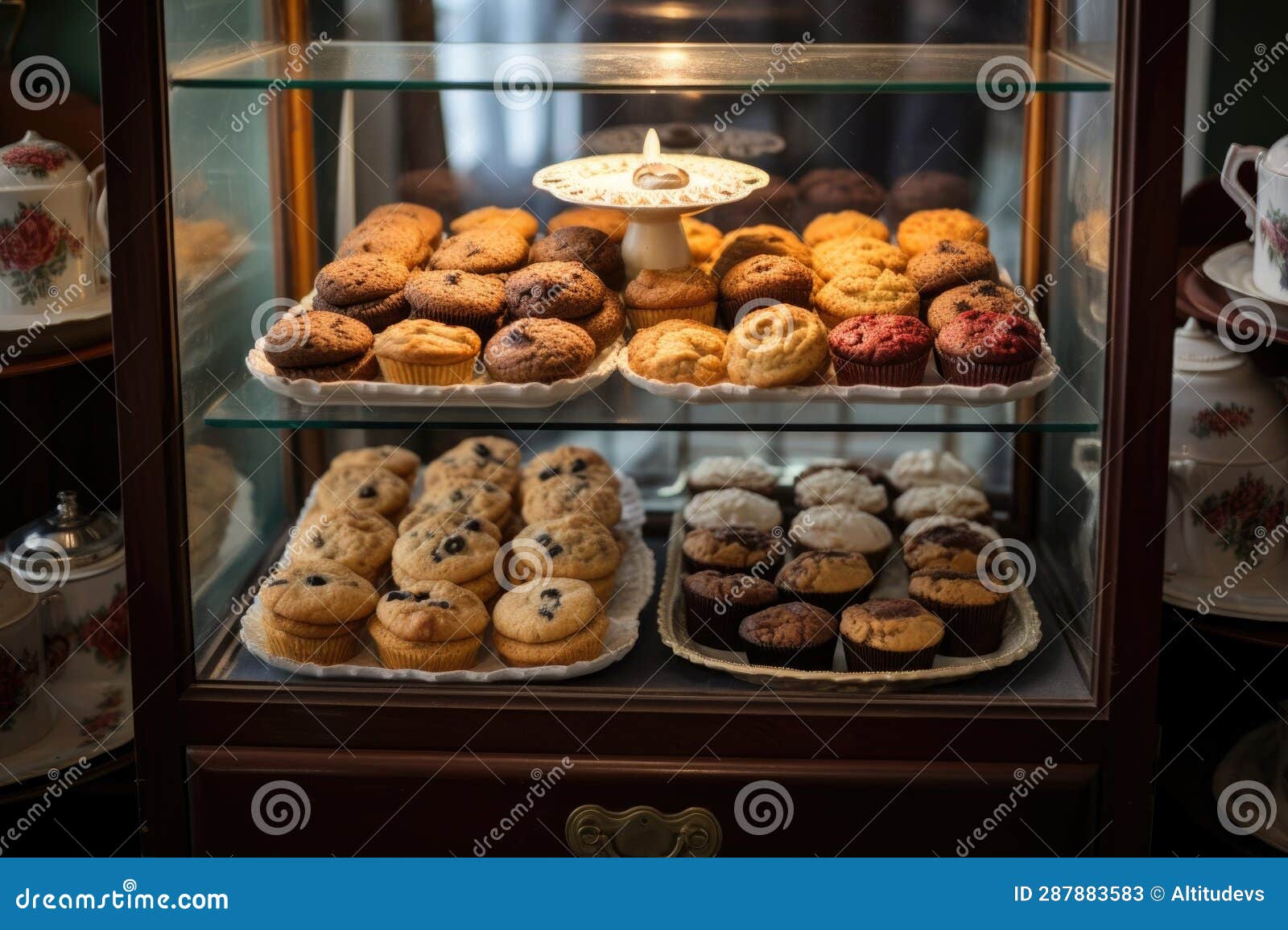 Assorted Cookies and Muffins in a Vintage Display Case Stock ...