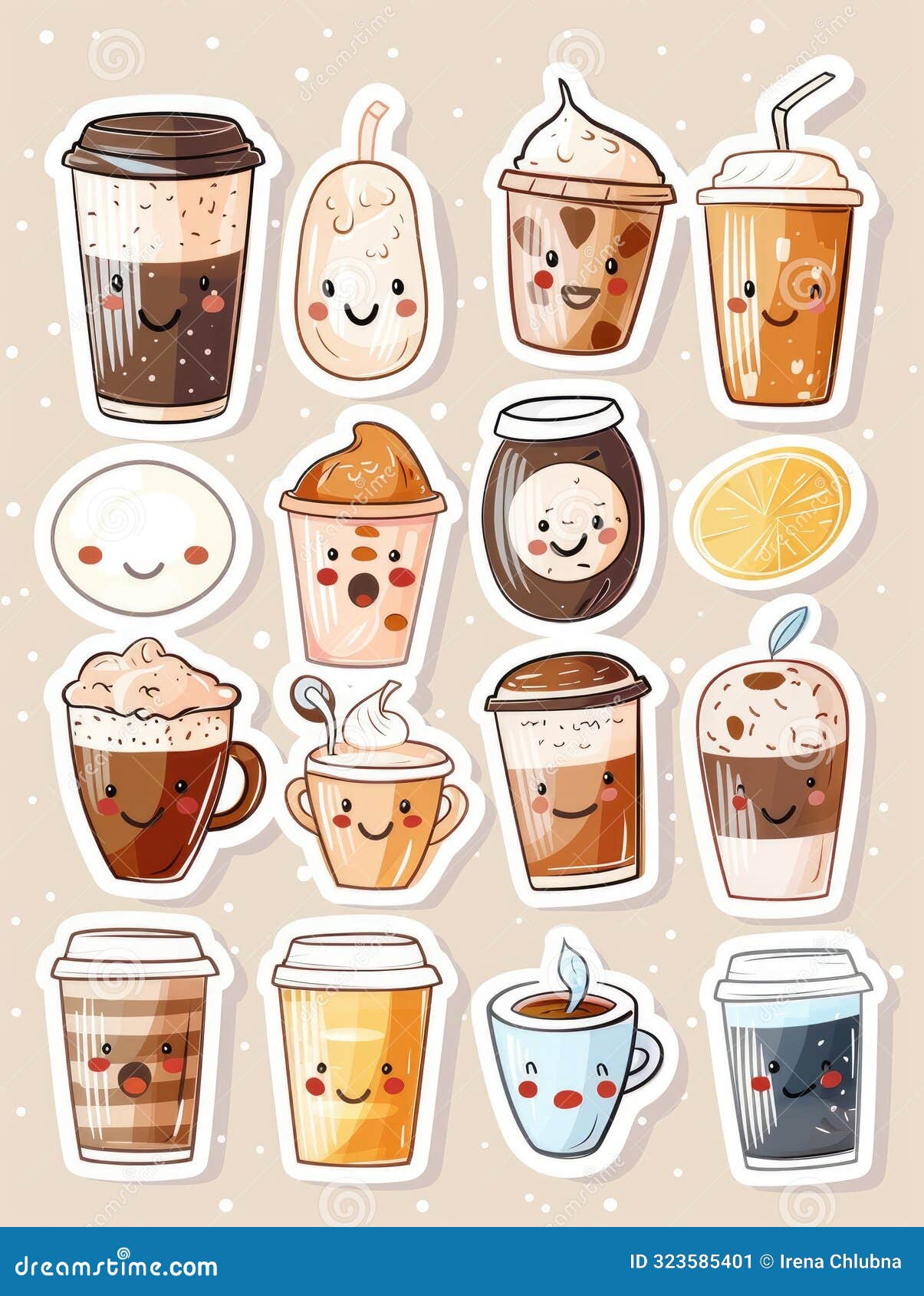Assorted Cute Coffee Cup Characters on a Sticker Sheet Stock ...