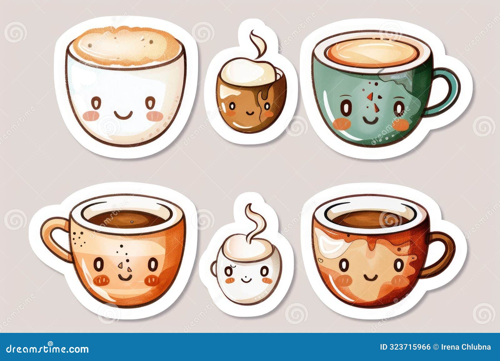 Assorted Cute Coffee Cup Characters on a Sticker Sheet Stock ...
