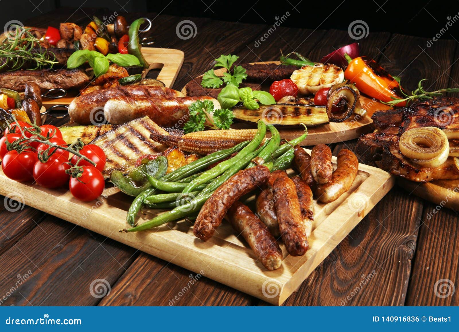 Assorted Delicious Grilled Meat with Vegetable on Rustic Table Stock ...