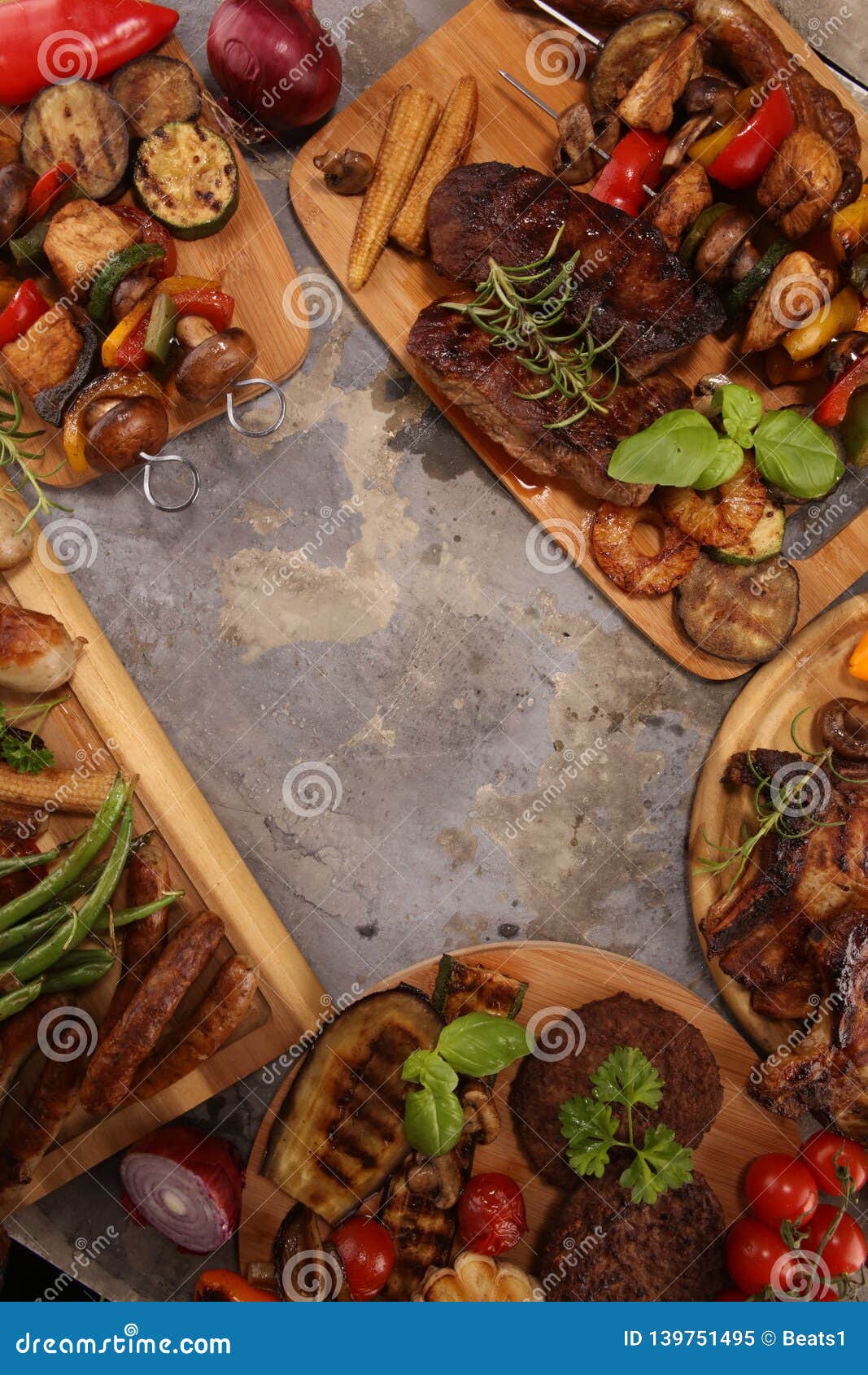 Assorted Delicious Grilled Meat with Vegetable on Rustic Table Stock ...