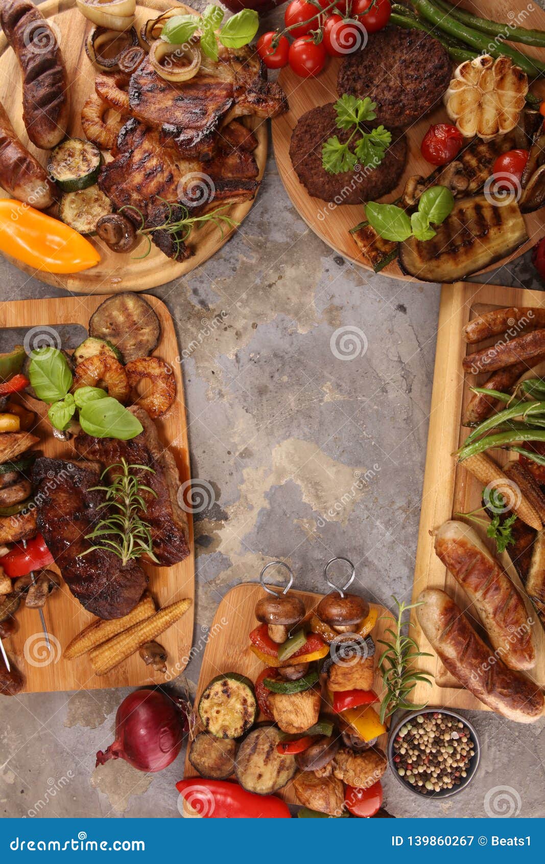Assorted Delicious Grilled Meat with Vegetable on Rustic Table Stock ...