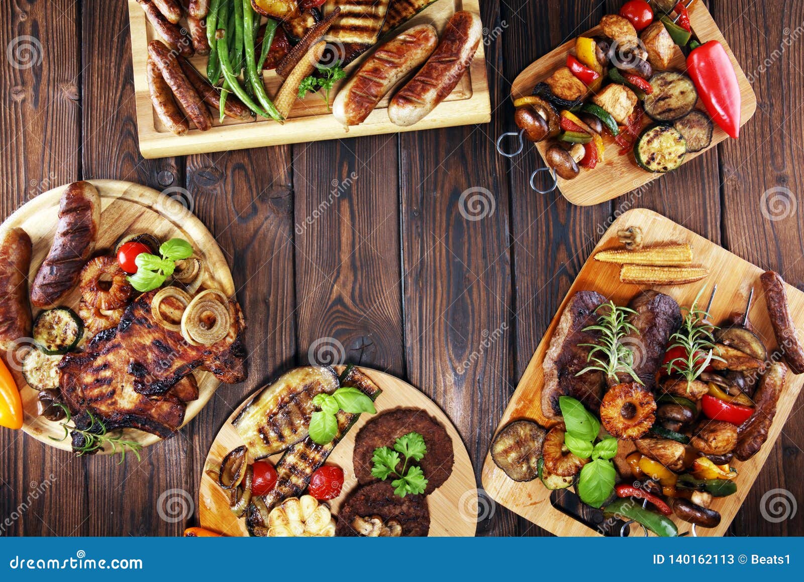Assorted Delicious Grilled Meat with Vegetable on Rustic Table Stock ...