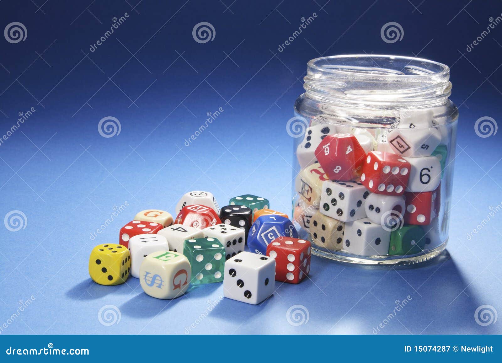 Assorted Dice in Glass Jar stock image. Image of collection - 15074287