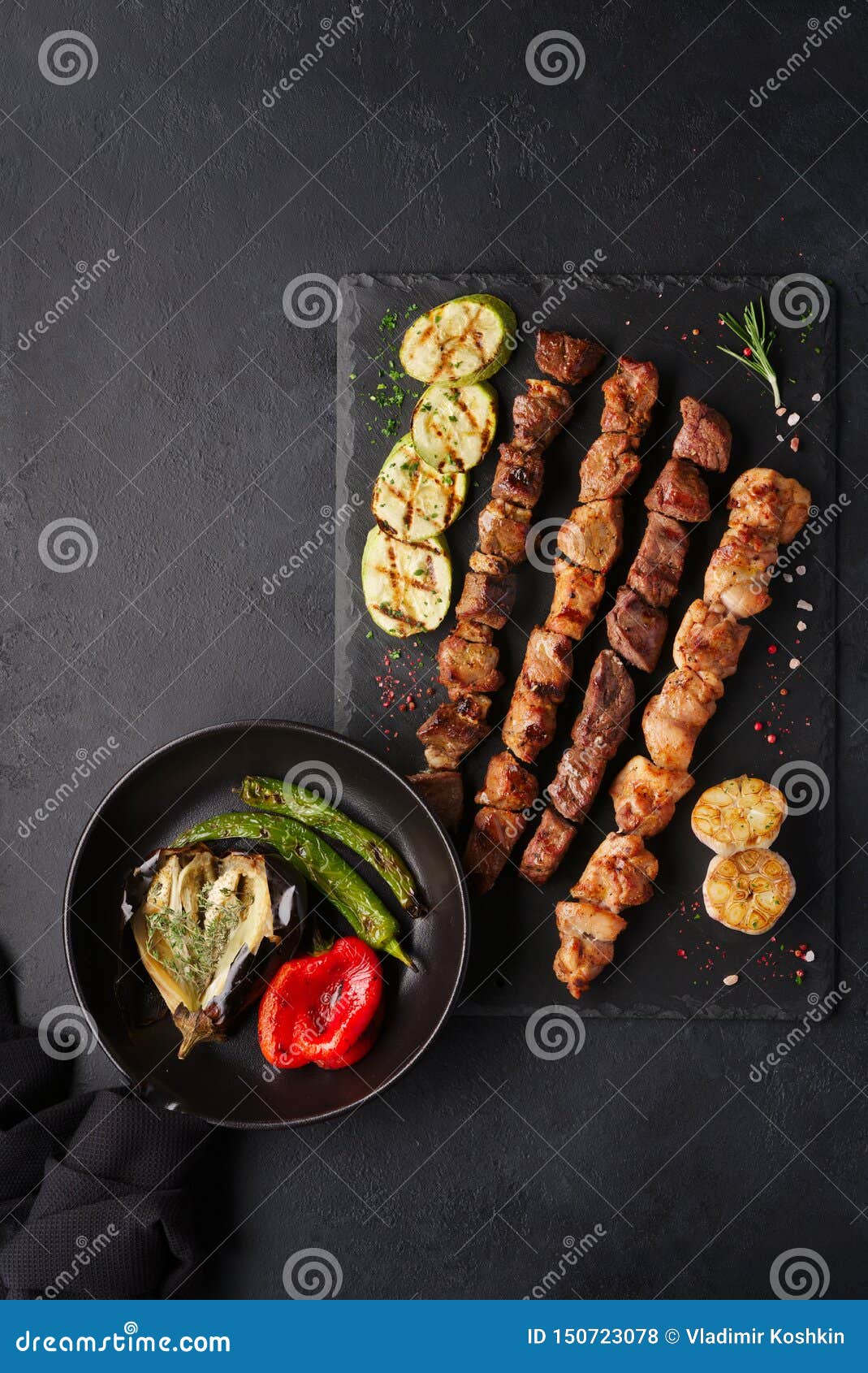 Assorted Different Kebabs on a Black Stone Plate Stock Photo - Image of ...