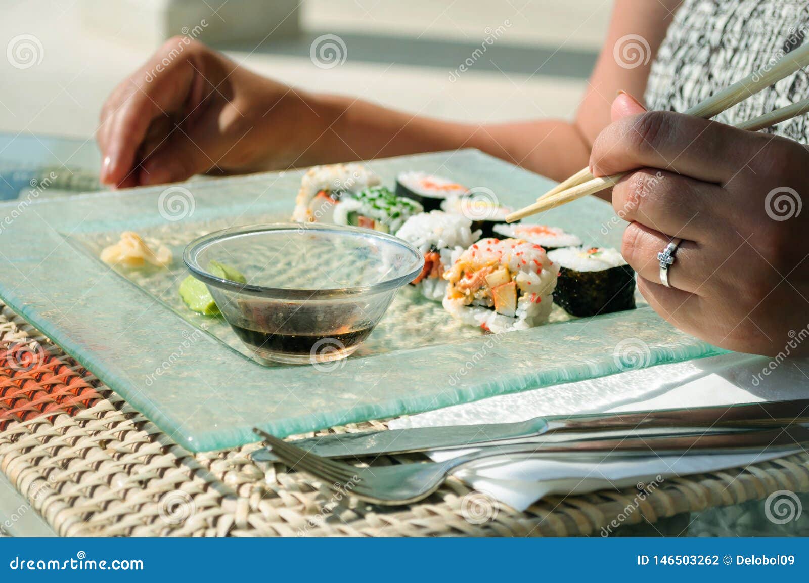 Assorted Different Sushi Rolls in the Cafe. Stock Photo - Image of cafe ...