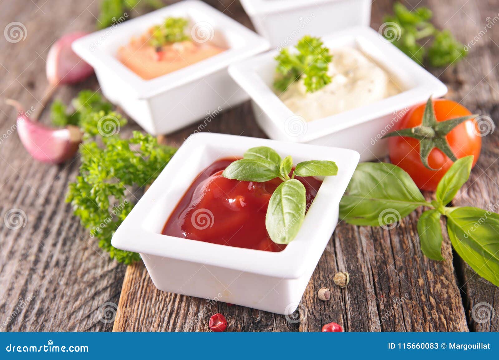 Assorted dip and sauce stock image. Image of cooking - 115660083