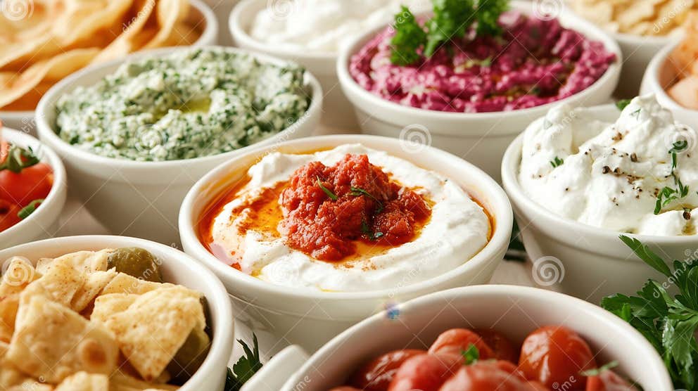 Assorted Dips in Bowls Neatly Arranged with Ample Room for Additional ...