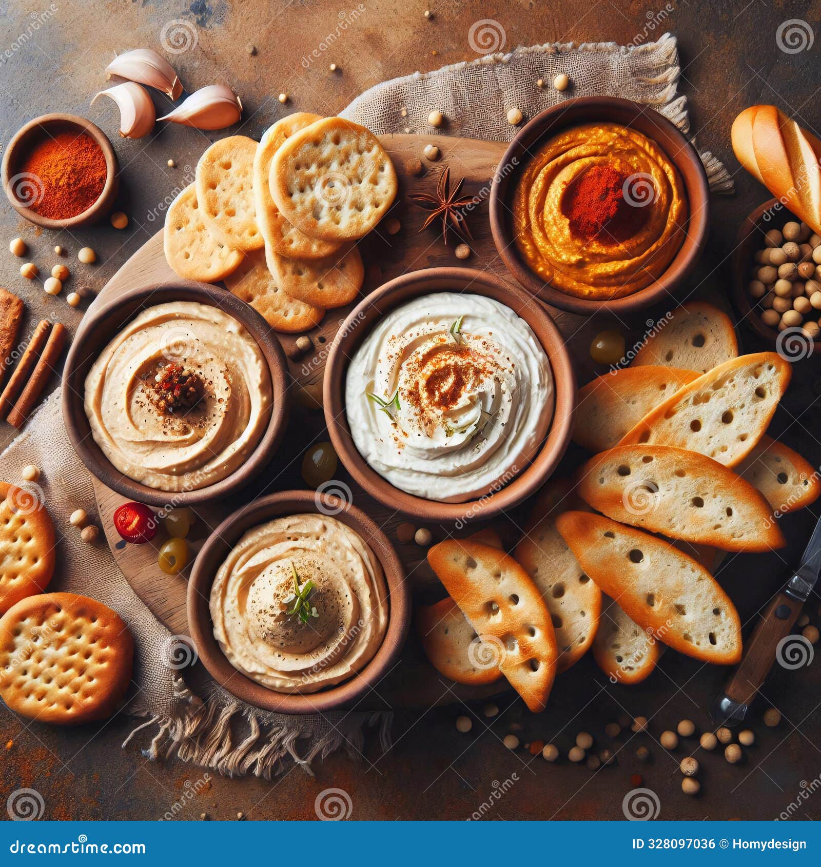 Assorted Dips, Crackers, Bread, Vegetables, and Spices Displayed on a ...