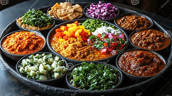 Assorted Dips and Toppings Arranged on a Dark Tray Stock Illustration ...