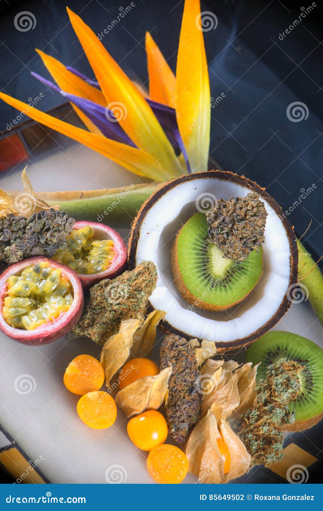Assorted Dried Cannabis Buds With Fresh Tropical Fruit - Medical Stock ...
