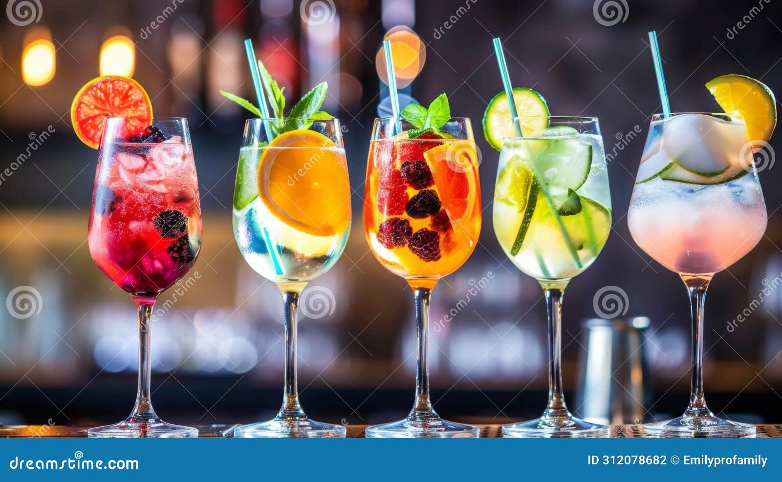 Assorted Drinks in Row of Glasses Stock Photo - Image of glassware ...