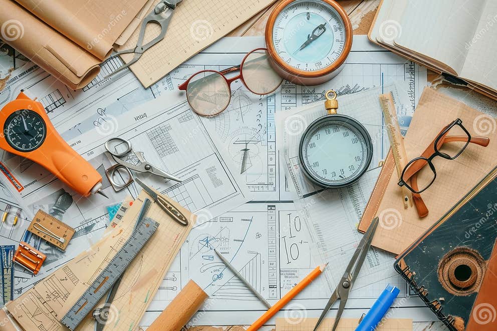 Assorted Educational Tools and Papers are Scattered Across a Table ...