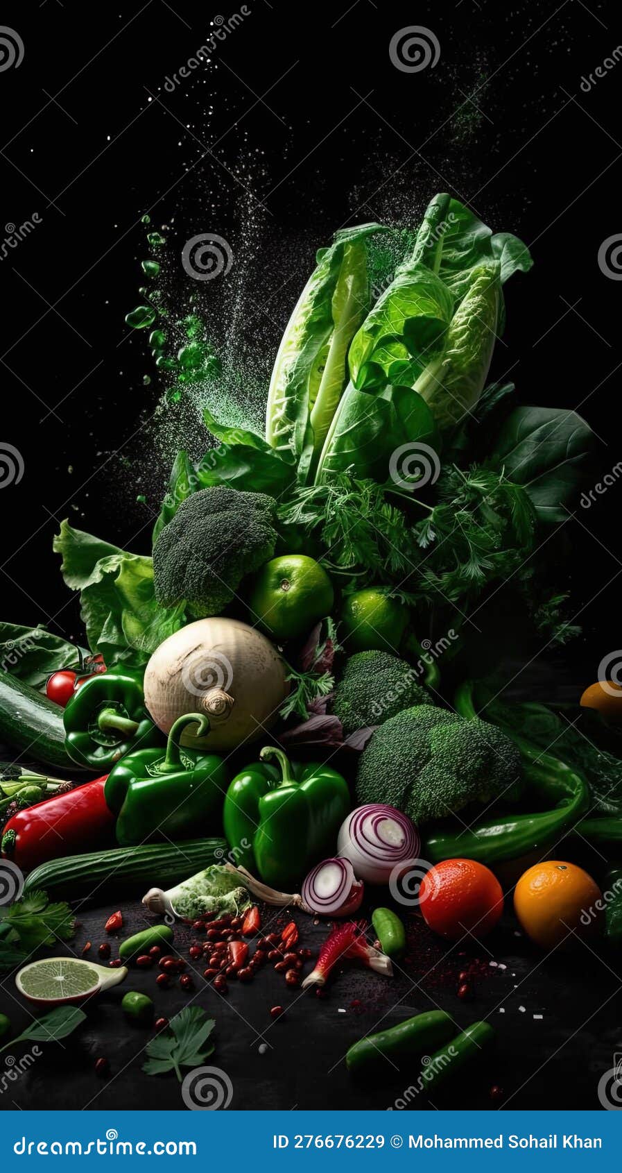 Assorted Falling Green Vegetables on Black Background AI Generative ...