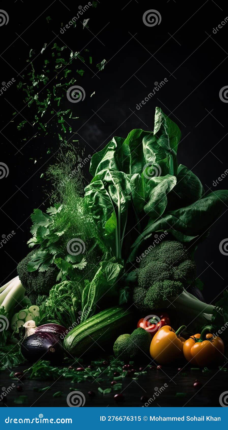 Assorted Falling Green Vegetables on Black Background AI Generative ...