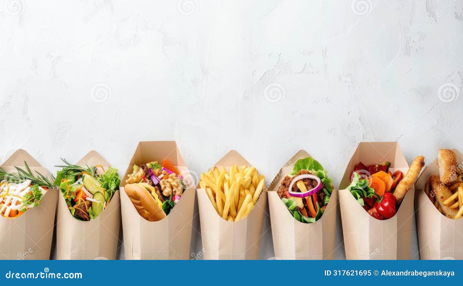 Assorted Fast Food in Paper Packaging Spread on White Background Stock ...