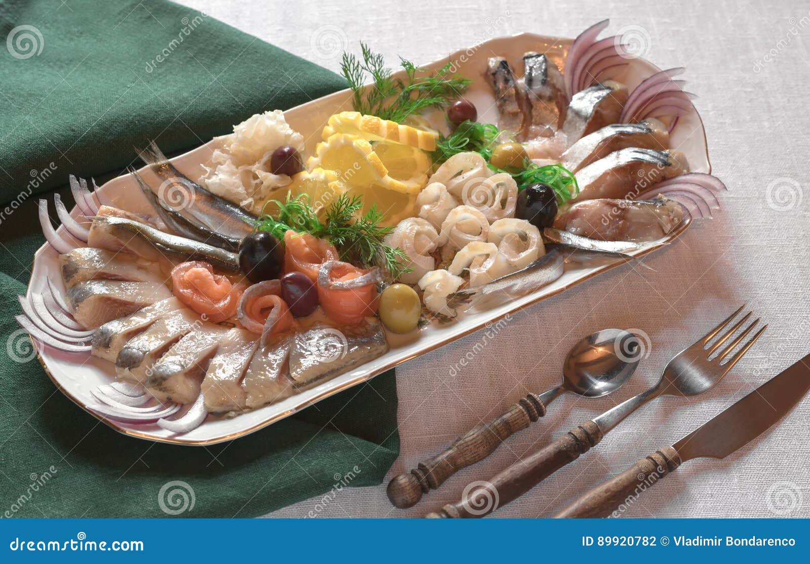 Assorted fish on a plate stock photo. Image of fillet - 89920782