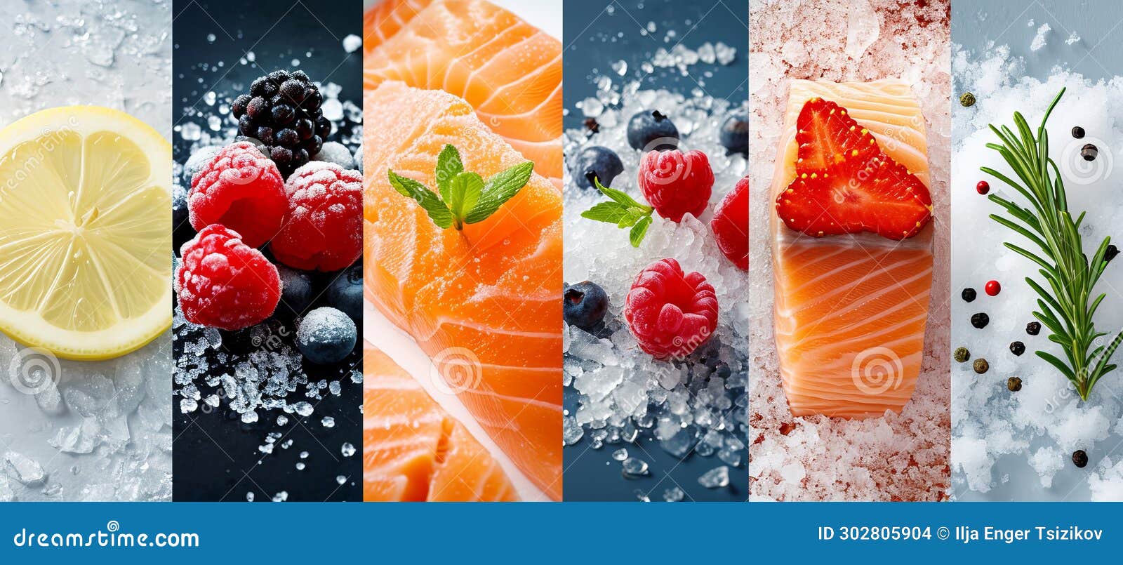 Assorted Fish Products Collage Divided by White Vertical Lines ...