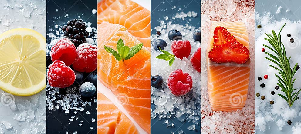 Assorted Fish Products Collage Divided by White Vertical Lines ...