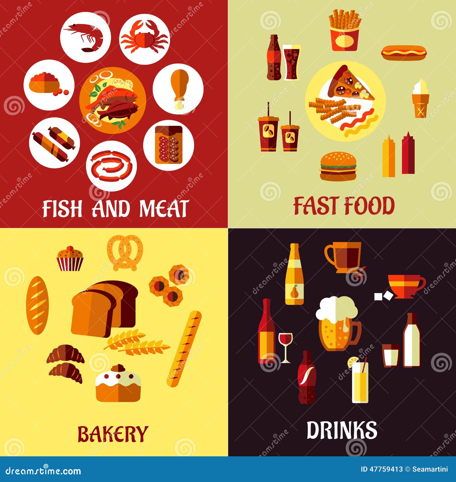 Assorted flat food icons stock vector. Illustration of hamburger - 47759413