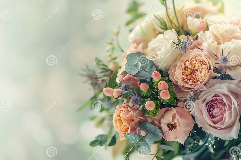 Assorted Flowers Bouquet Arranged on Soft Background with Copy Space on ...