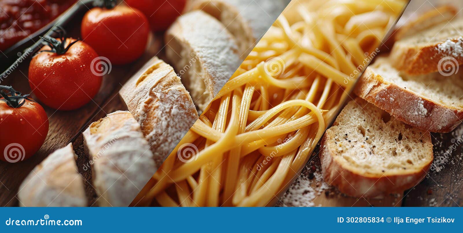 Assorted Food Products Collage with White Vertical Lines Brightly Lit ...