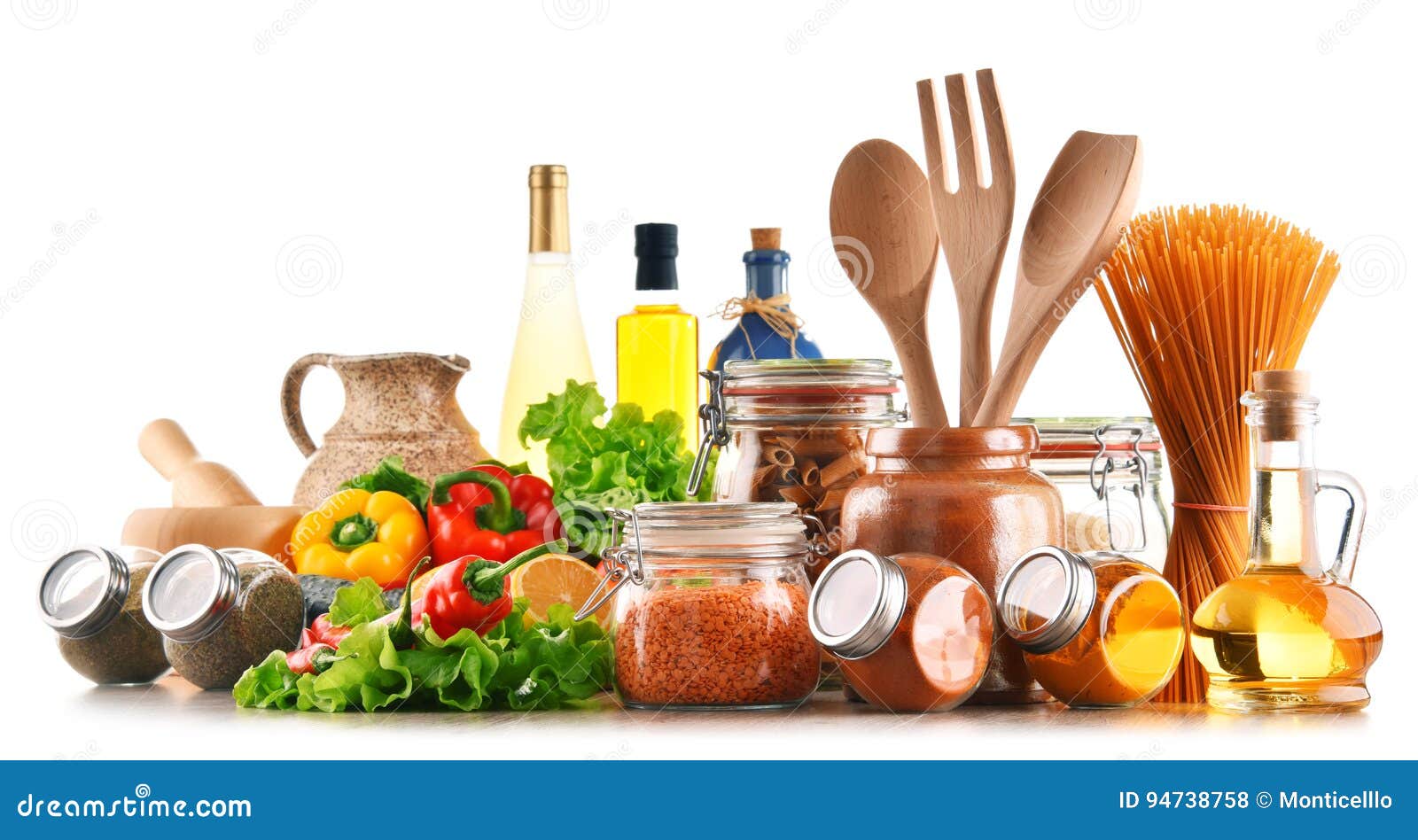 Assorted Food Products and Kitchen Utensils Isolated on White Stock ...