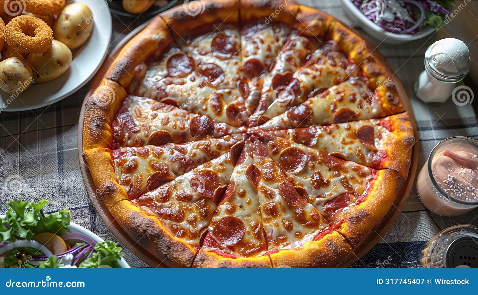 Assorted Foods and Drinks Surround a Pizza on a Table, AI-generated ...