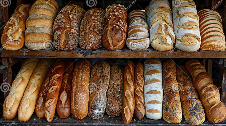 Assorted Fresh Bread Loaves on Bakery Display Shelf Stock Illustration ...