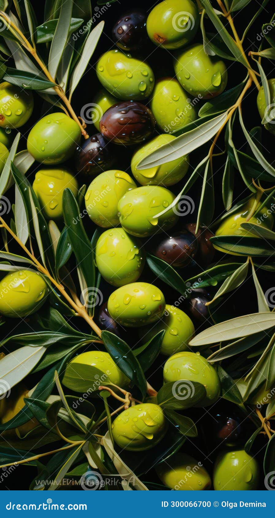 Assorted Fresh Olives Drenched in Water Droplets, Amidst Olive Leaves ...