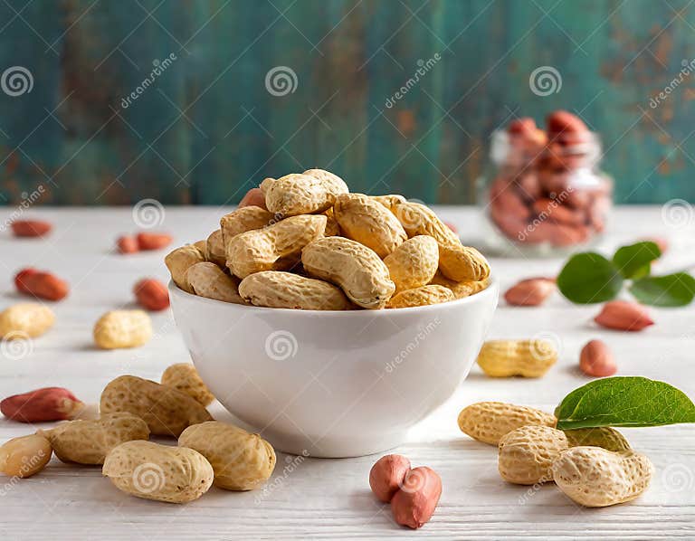 Assorted Fresh Peanuts in a White Bowl on a Textured Surface Stock ...