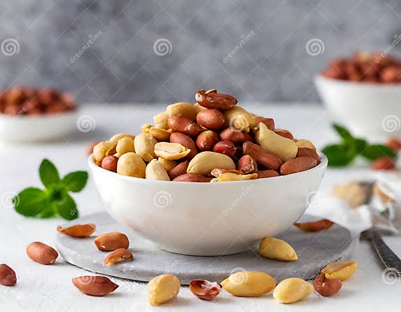 Assorted Fresh Peanuts in a White Bowl on a Textured Surface Stock ...