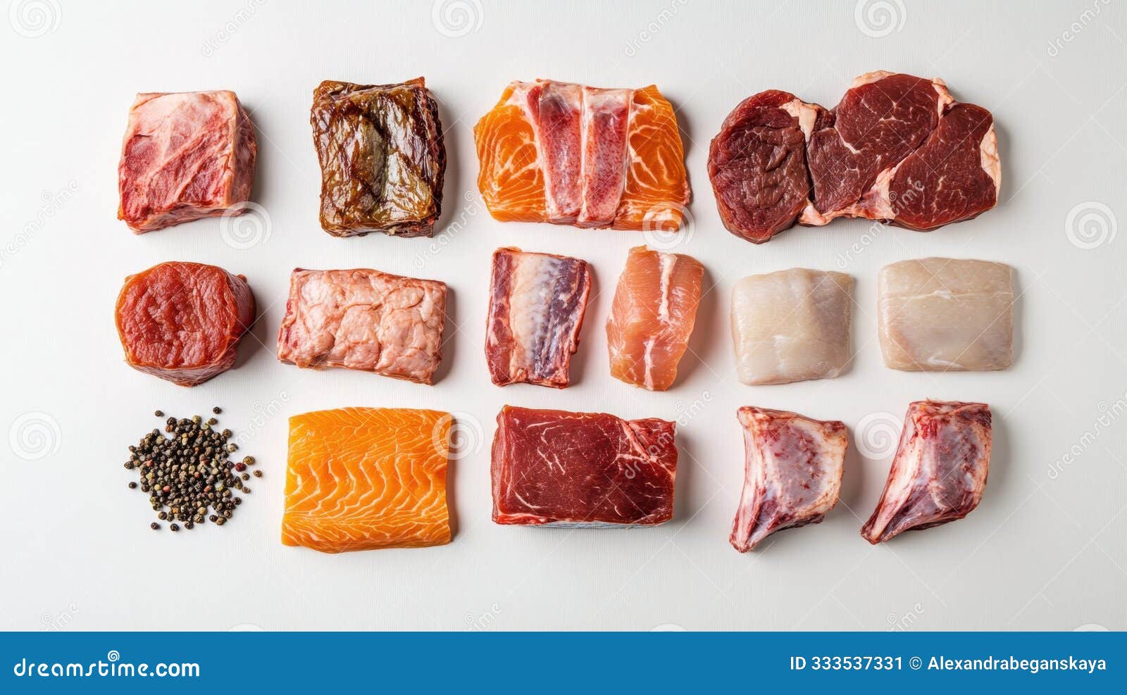 Assorted Fresh Raw Meat and Fish Selection on White Background Stock ...