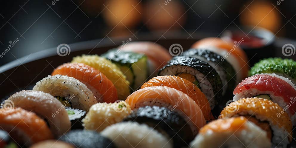 Assorted Fresh Sushi Selection on Traditional Plate. Stock Image ...