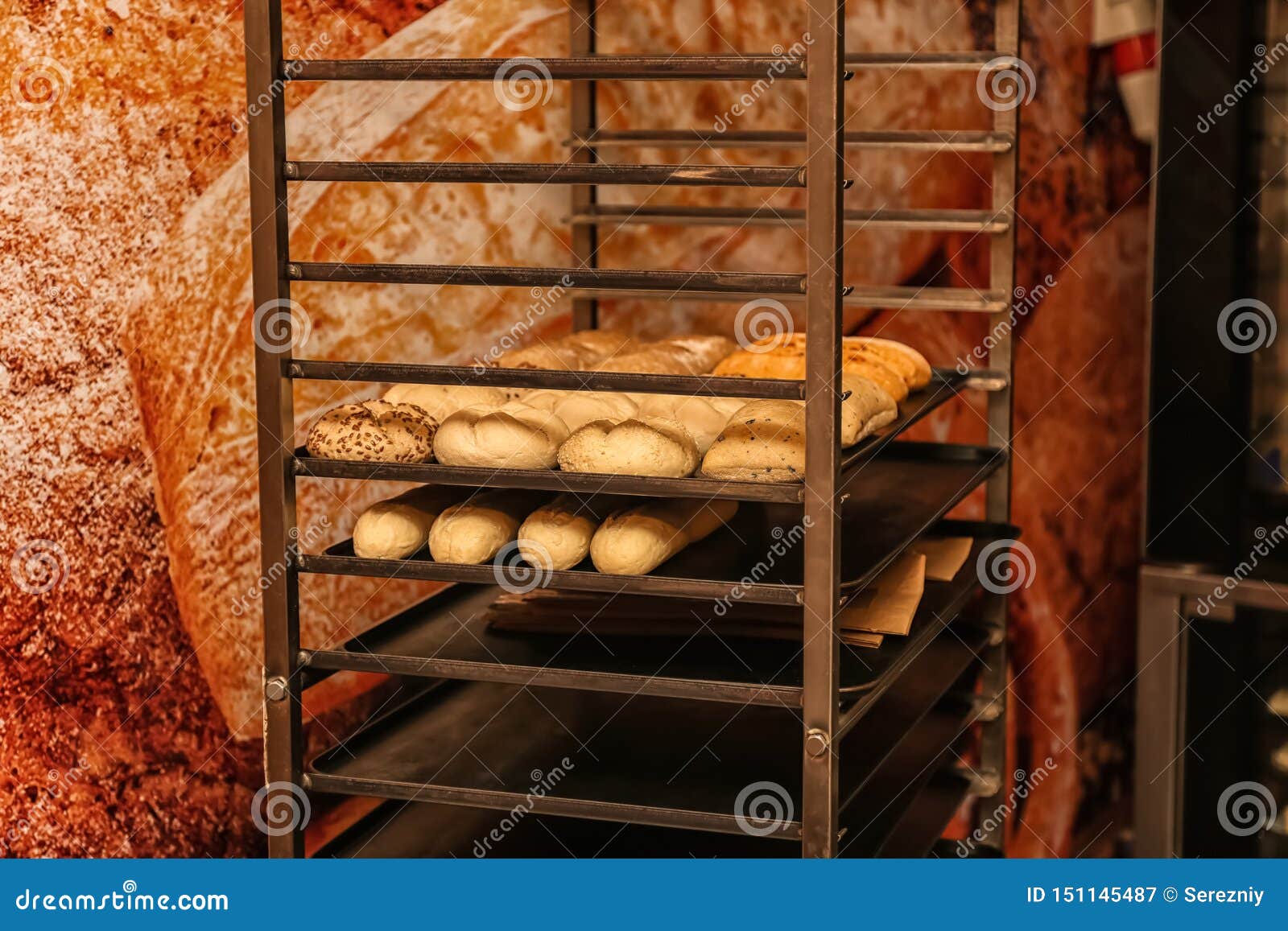 Assorted Fresh Tasty Bread on Rack in Shop Stock Image - Image of ...