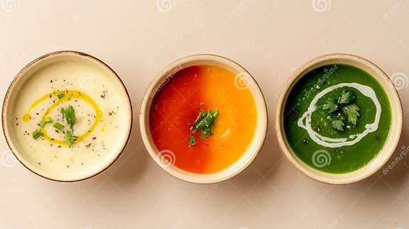 Assorted Fresh Vegetable Soups in Ceramic Bowls Stock Photo - Image of ...