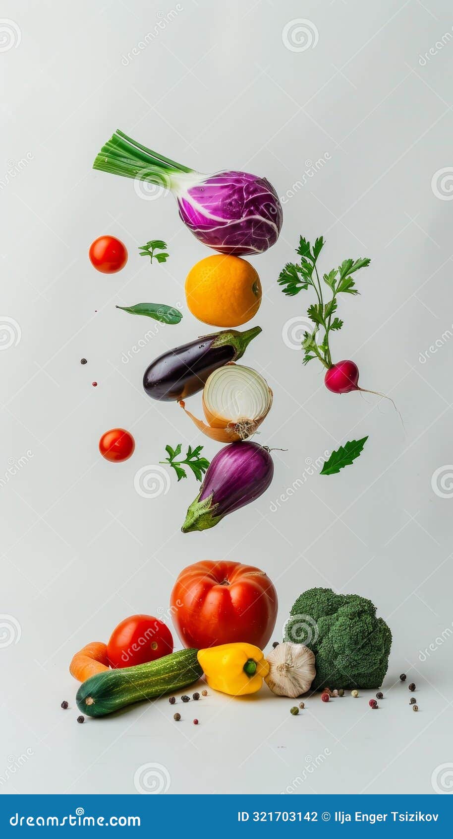 Assorted Fresh Vegetables Floating on White Background, Creating a ...