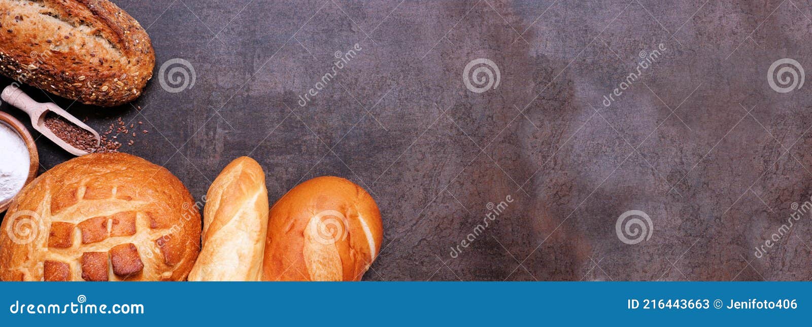 Assorted Freshly Baked Breads, Top View Corner Border on a Dark ...