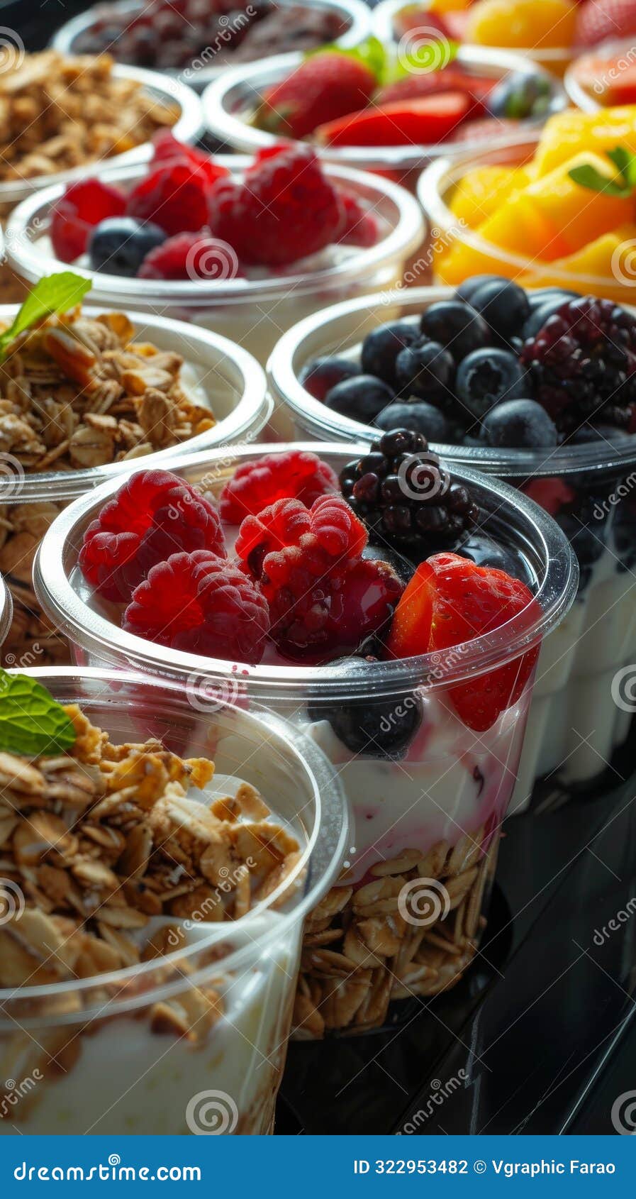 Assorted Fruit and Granola Yogurt Parfaits in Plastic Cups Arranged on ...