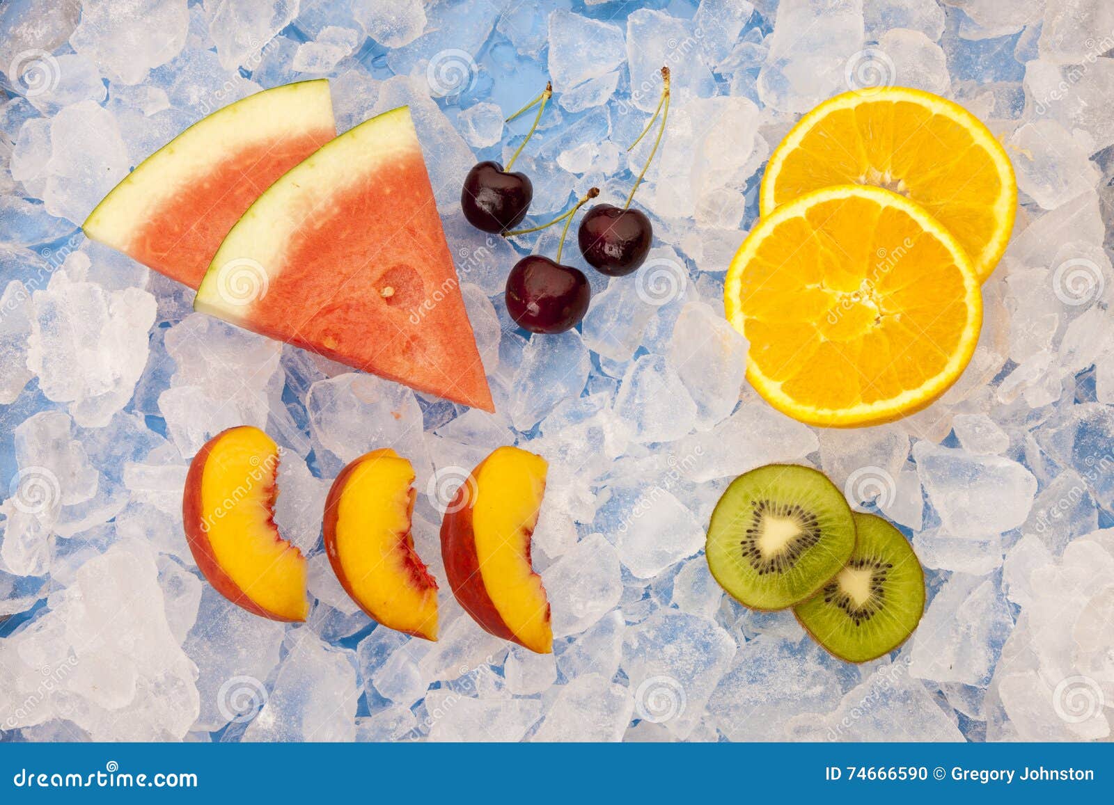 Assorted fruit on ice. stock photo. Image of cherry, peach - 74666590