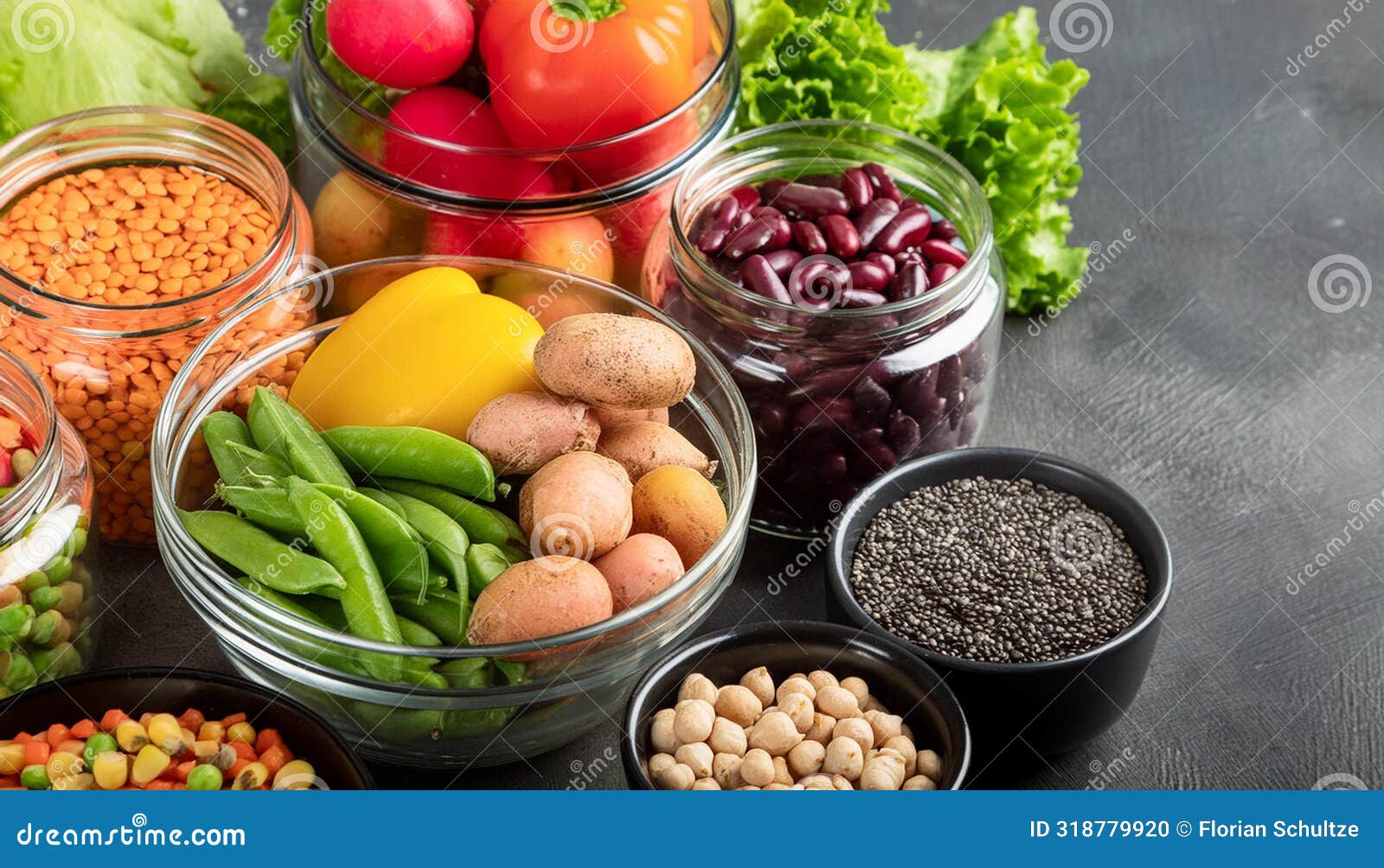 Assorted Fruits Veggies and Legumes in Containers on a Dark Background ...