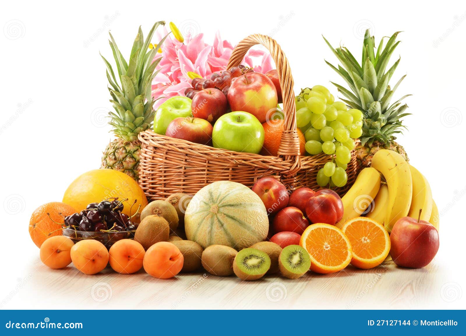 Assorted Fruits in Wicker Basket on White Stock Photo - Image of ...
