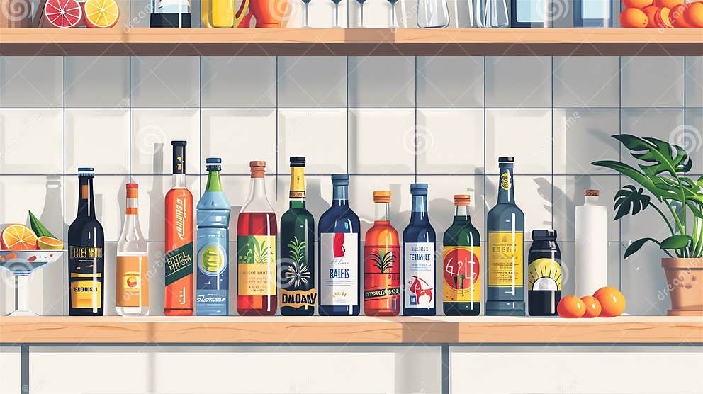 Assorted Functional Beverages on a Kitchen Counter Stock Illustration ...