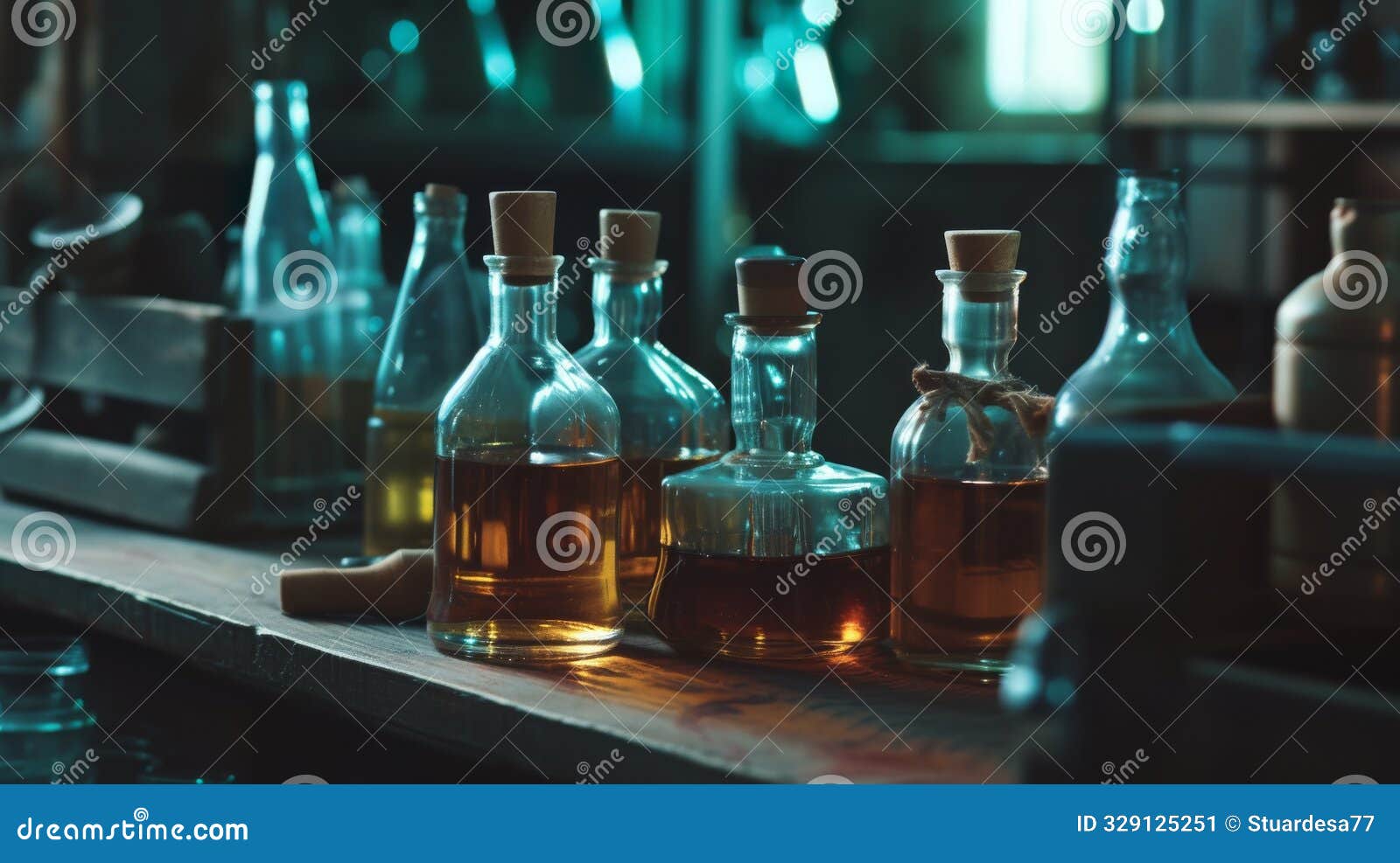 Assorted Glass Bottles in a Rustic Laboratory Stock Image - Image of ...