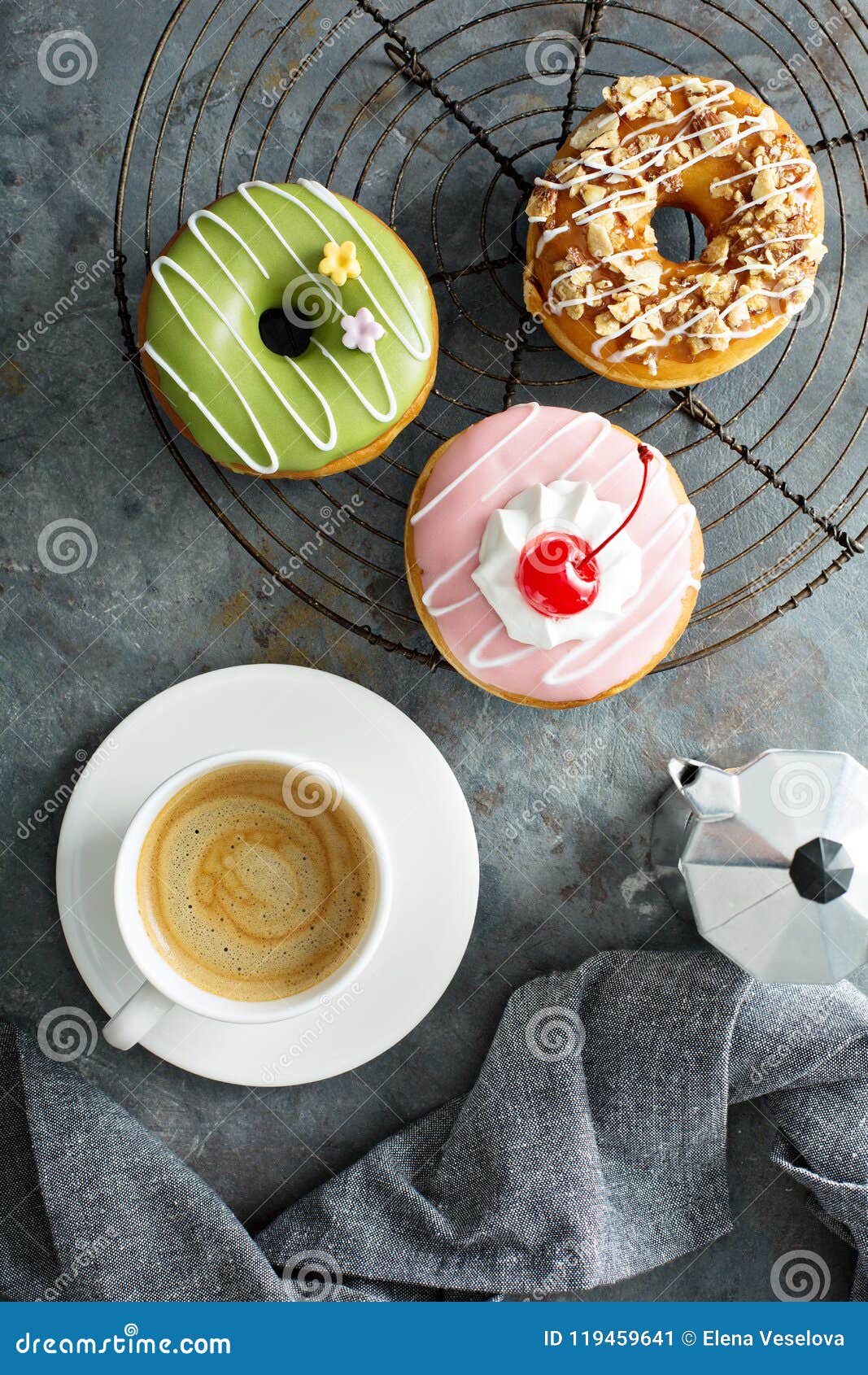 Sweet Donuts with Coffee Overhead View Stock Image - Image of brown ...