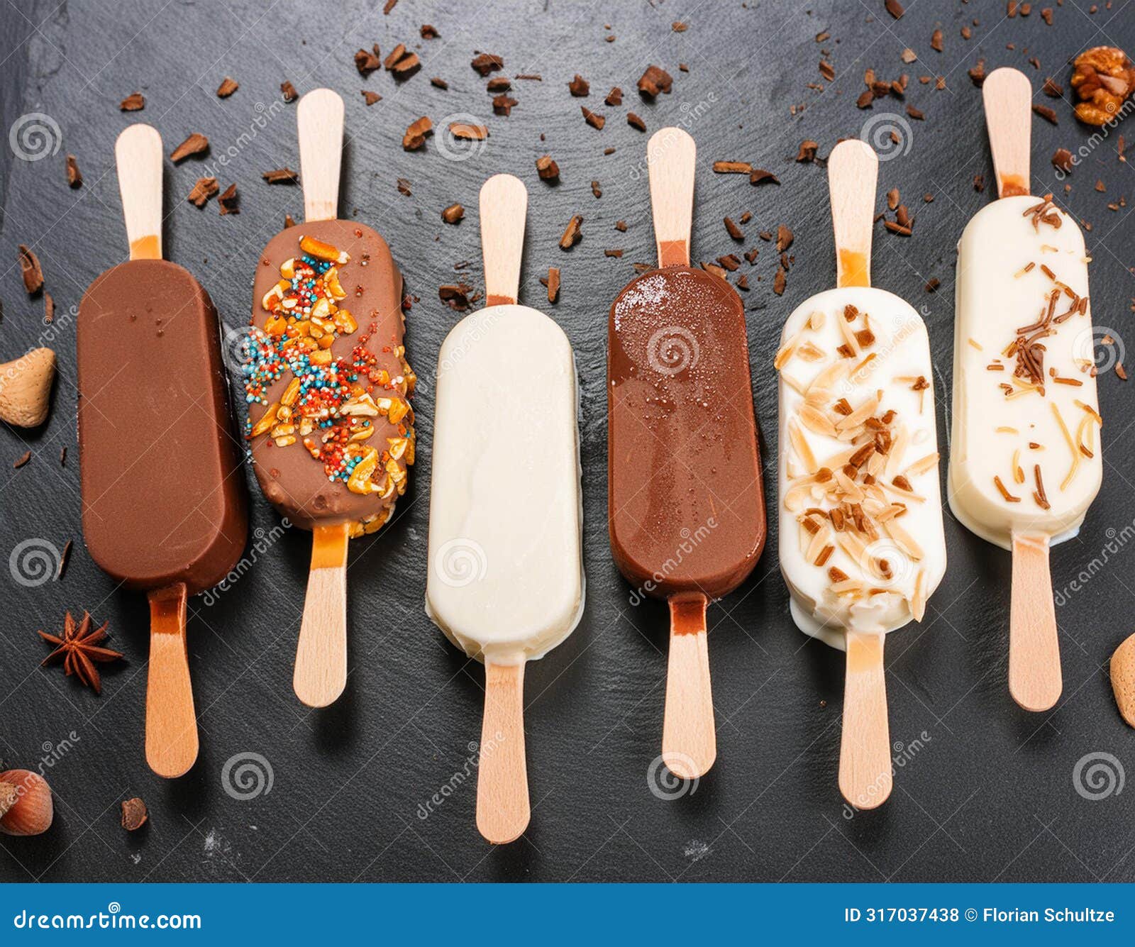 Assorted Gourmet Ice Cream Popsicles with Toppings on Black Background ...