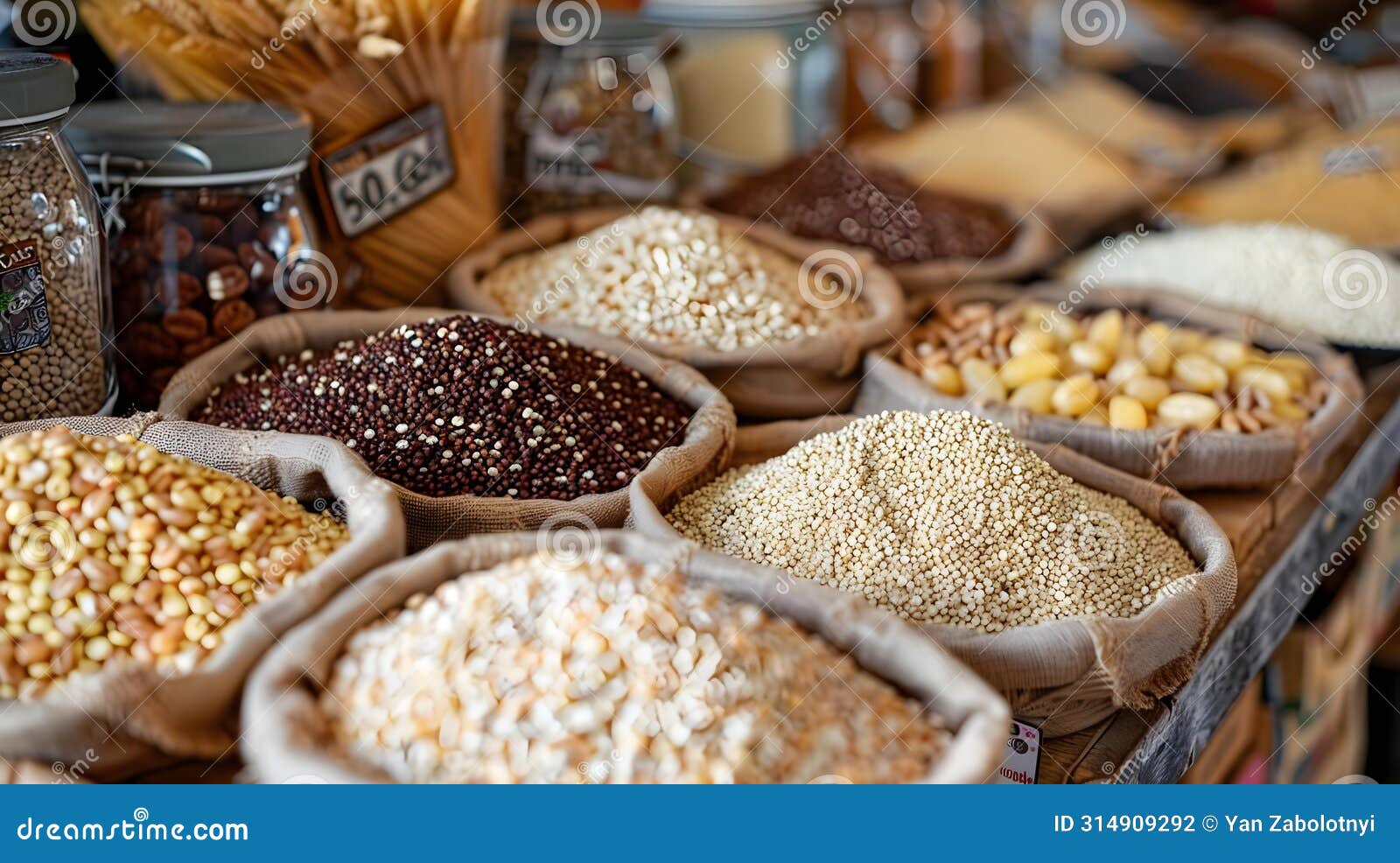 Assorted Grains Display at a Rustic Market Stall. Concept Grain Variety ...