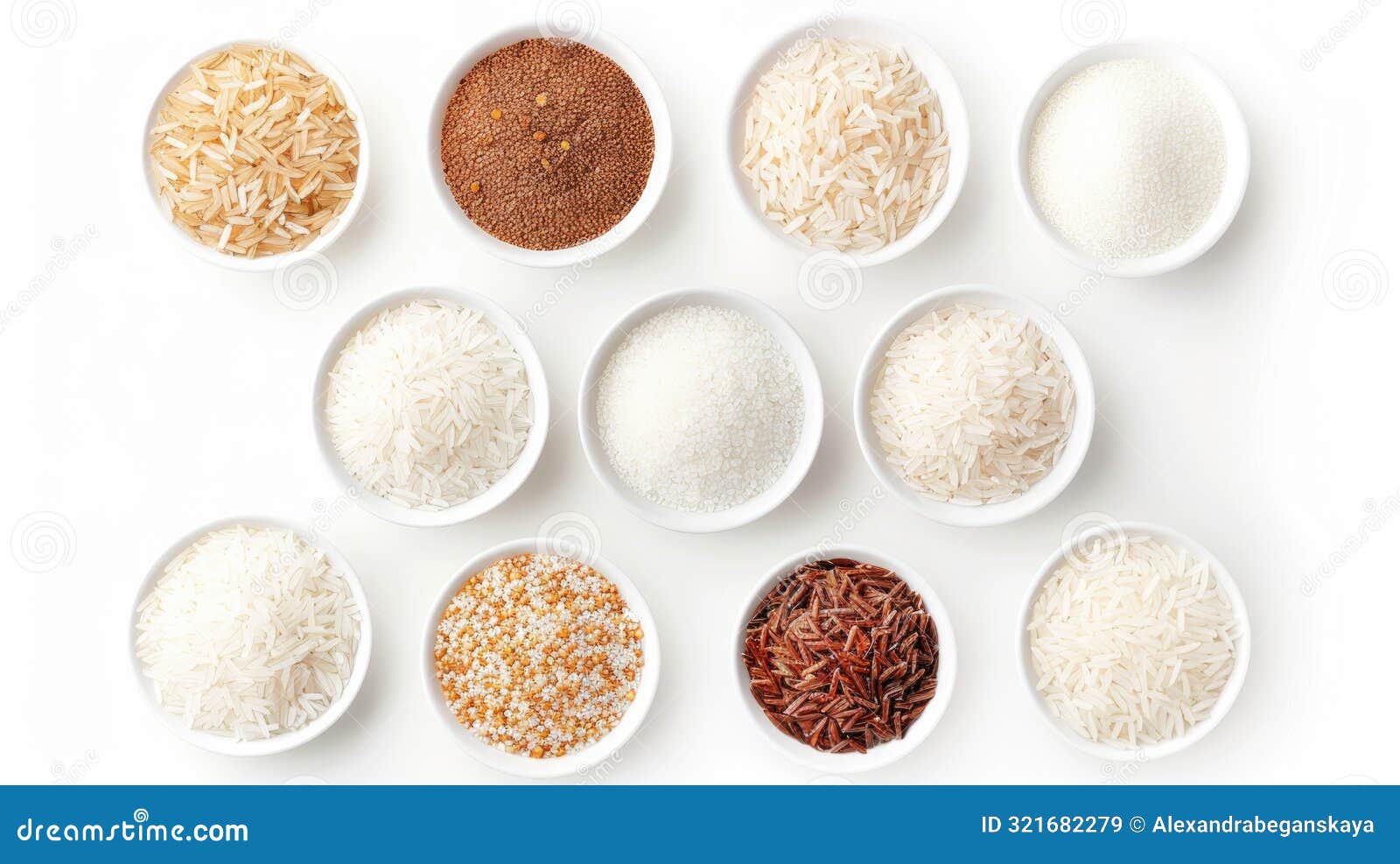 Assorted Grains and Rice Varieties in White Bowls on a White Background ...