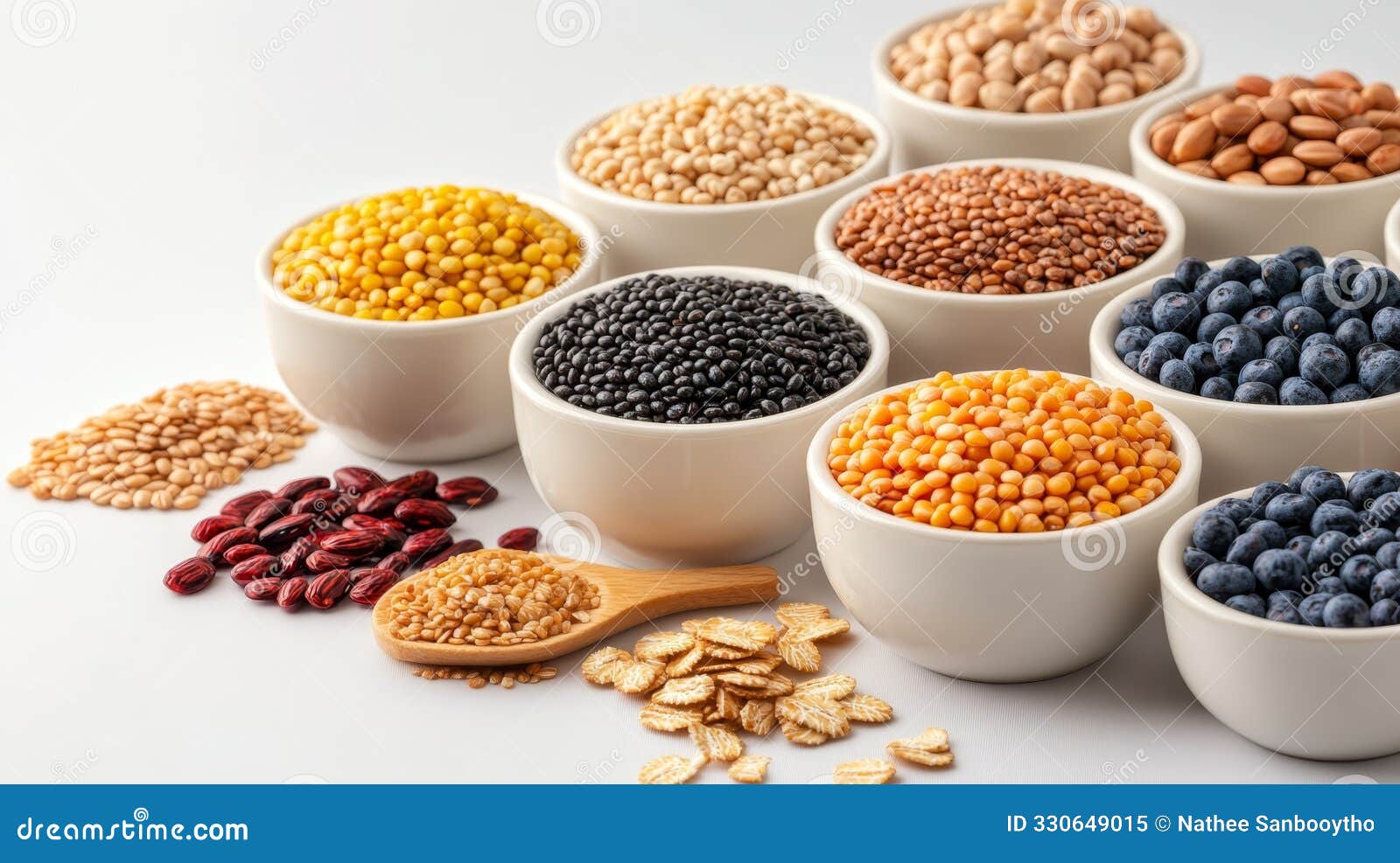 Assorted Grains And Rice Varieties In White Bowls On A White Background ...